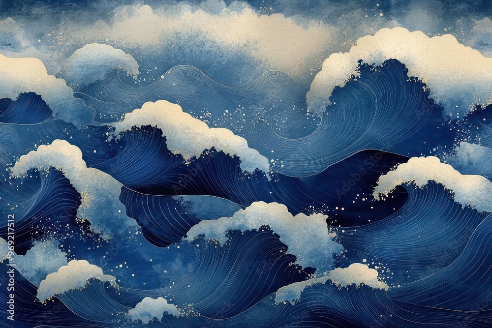 indigo wave motif bold stylized ocean waves in deep blue hues create a ...