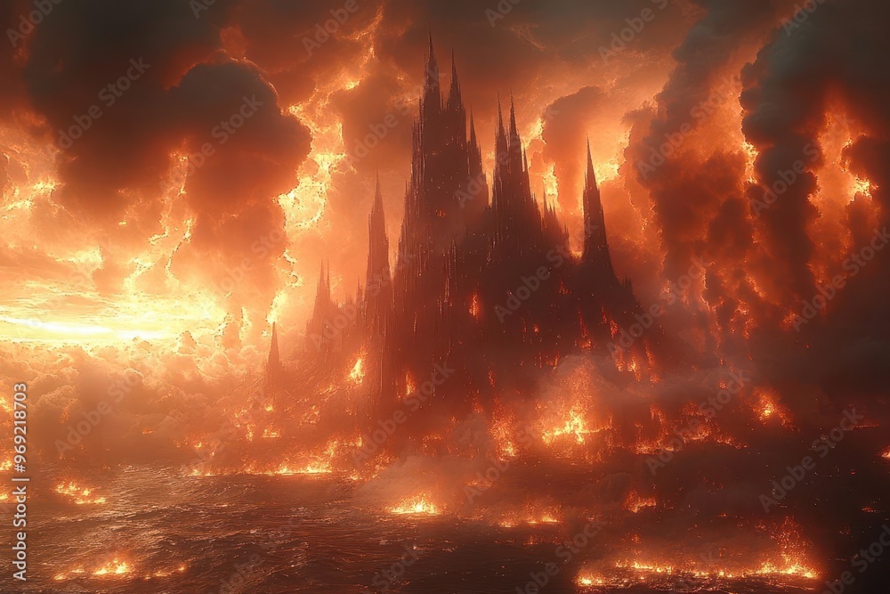 infernal citadel rising from lava demonic gargoyles hellfire storms ...