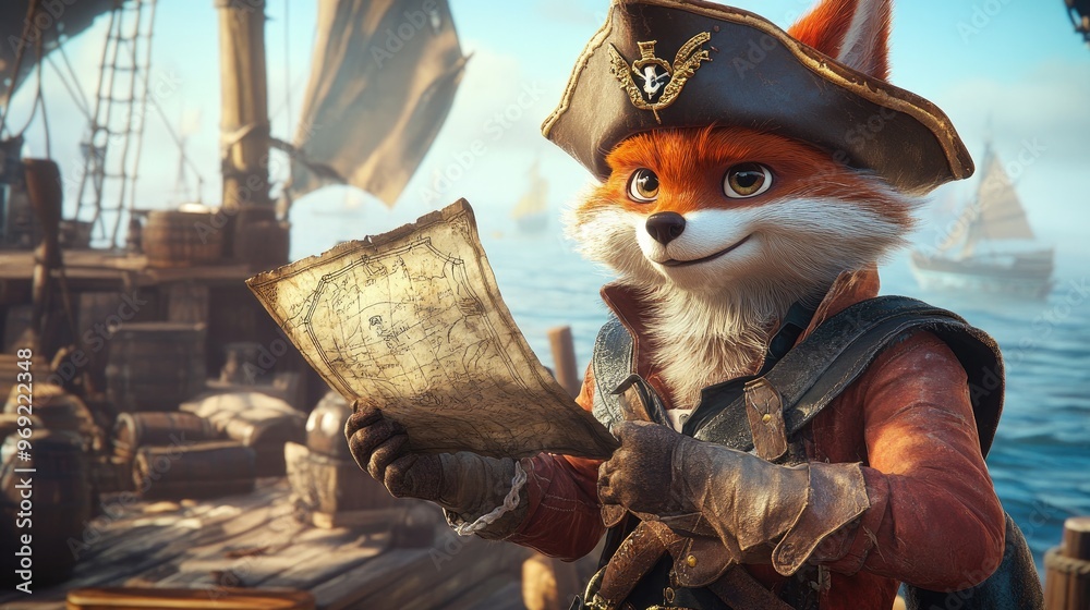 A fox pirate, dressed in full regalia, scans the seas with a treasure ...