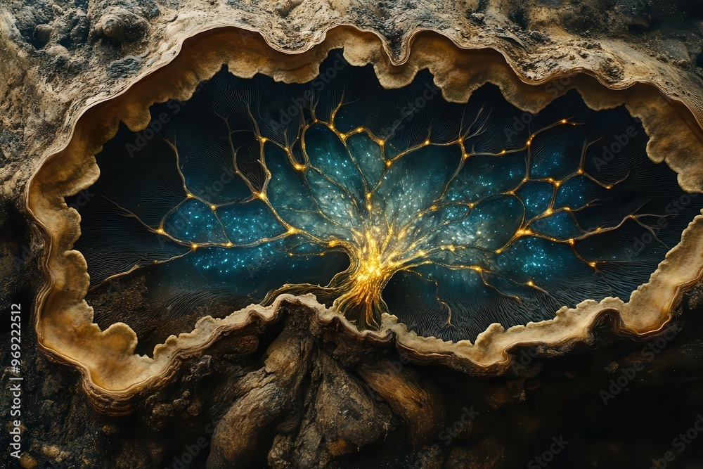intricate underground tree root system bioluminescent fungi soil ...