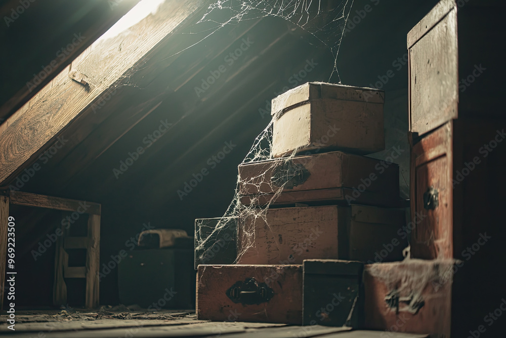 Dusty boxes and cobwebs fill creepy attic, evoking sense of mystery and ...