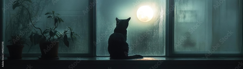 A cat sitting on a windowsill, staring out at the night sky, with a ...