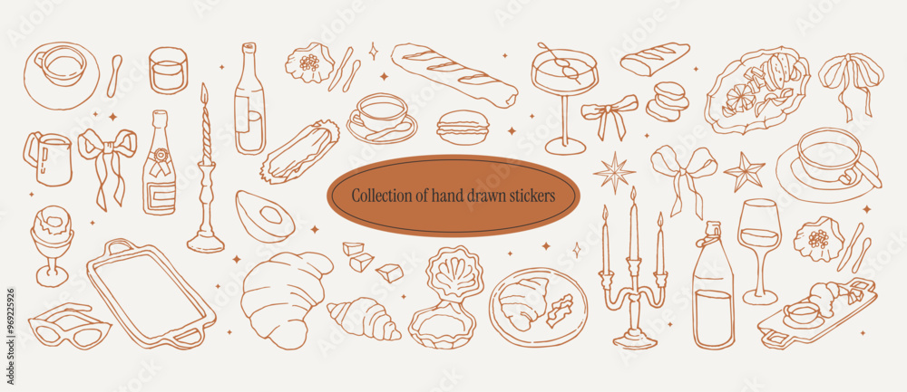 Hand drawn chalk dining doodles. Breakfast food. Clipart ink elements ...