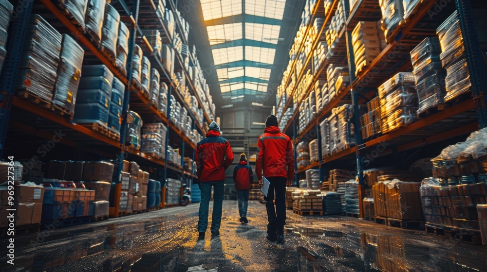 Workers navigating a busy warehouse filled with colorful pallets during ...