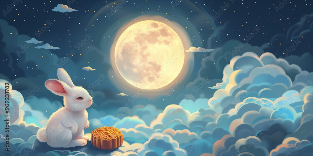 rabbit and moon, mid-autumn festival, painting style, flat illustration ...