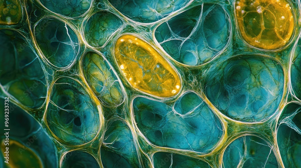 A magnified image of plant cells with chloroplasts under a microscope ...