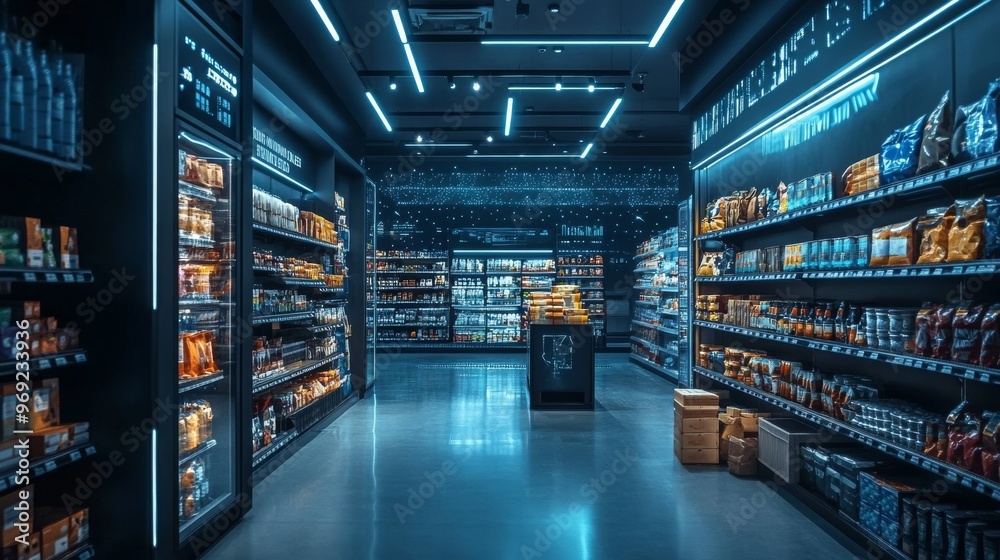 Futuristic AI-Driven Retail Stores with Automated Checkout Systems: A store where customers shop ...