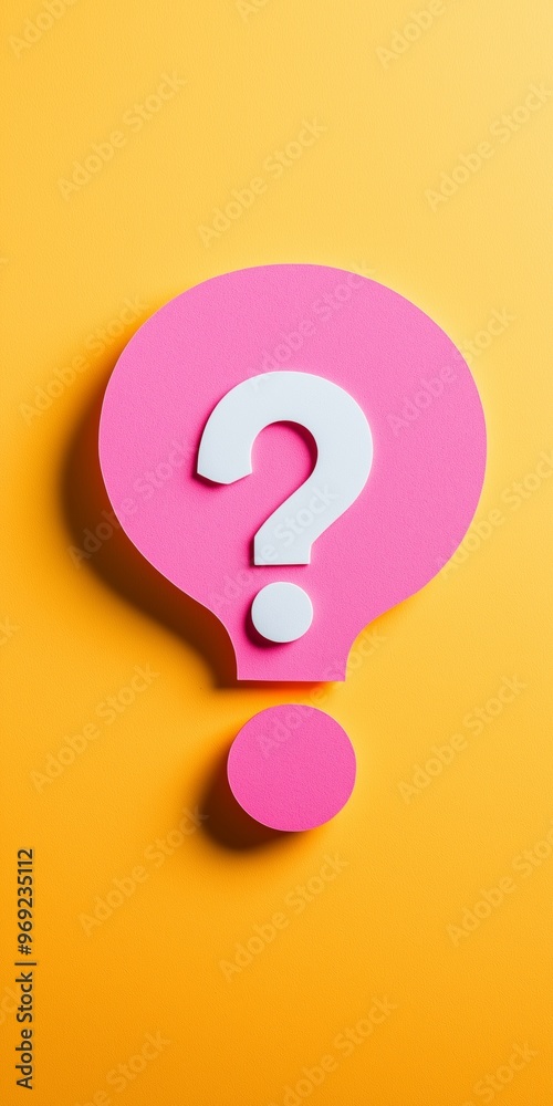 A pink and white question mark is on a yellow background. The pink and ...