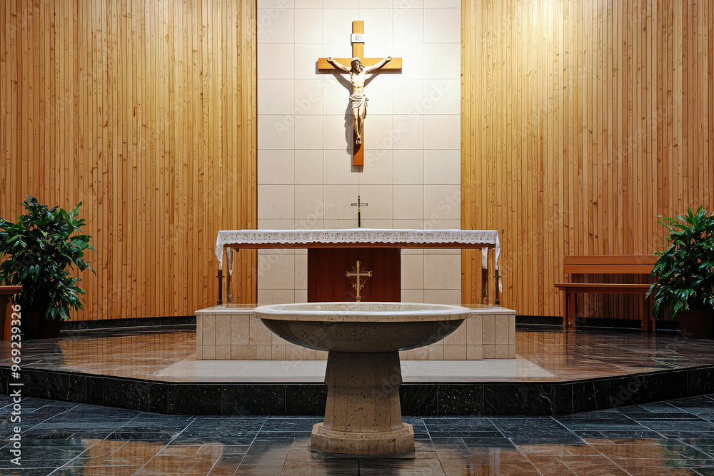 A serene depiction of Catholic church interior featuring an altar and ...