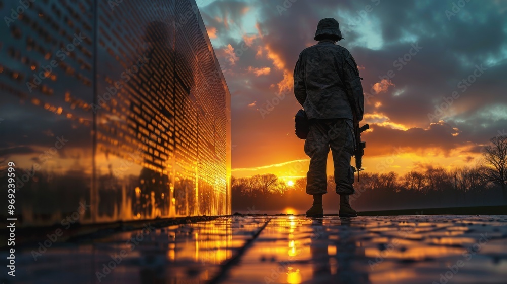 Soldier standing guard at sunrise in front of war memorial with names ...