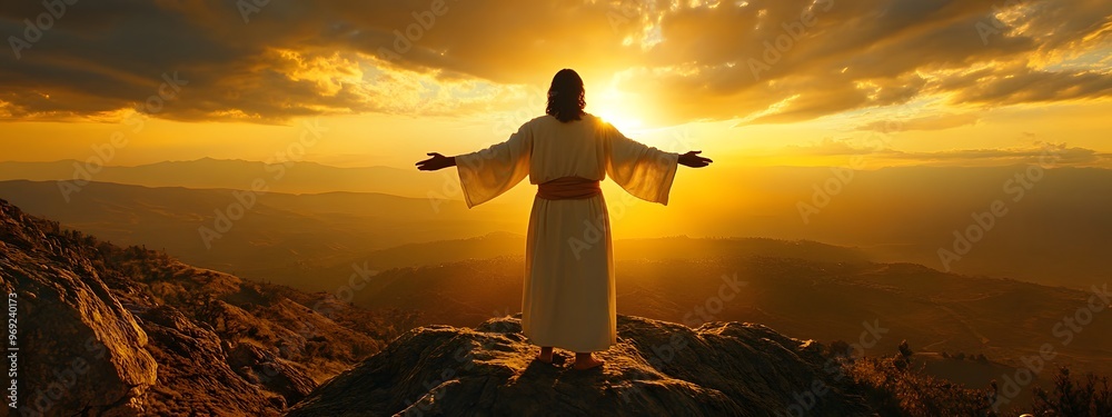 Jesus standing on the mountain with his arms outstretched, back to ...