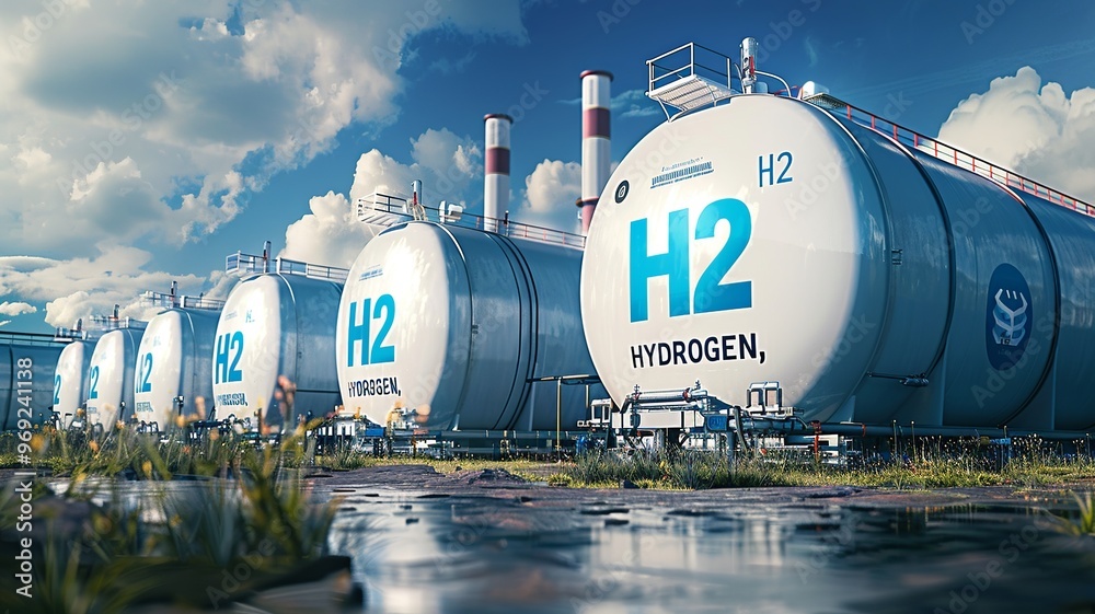Detailed 3D model of large hydrogen storage tanks prominently labeled ...