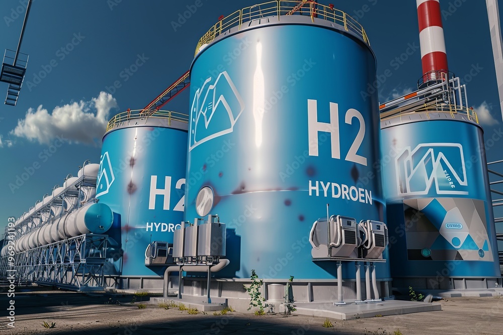 Detailed 3D model of large hydrogen storage tanks prominently labeled ...
