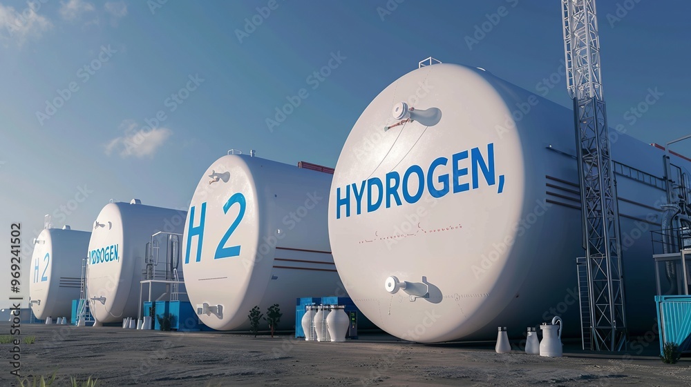 Detailed 3D model of large hydrogen storage tanks prominently labeled ...