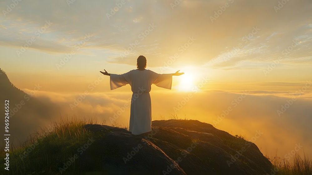 Jesus standing on the mountain with his arms outstretched, back to ...