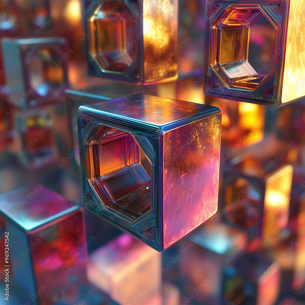 A colorful cube with a hole in the middle is floating in the air. The ...