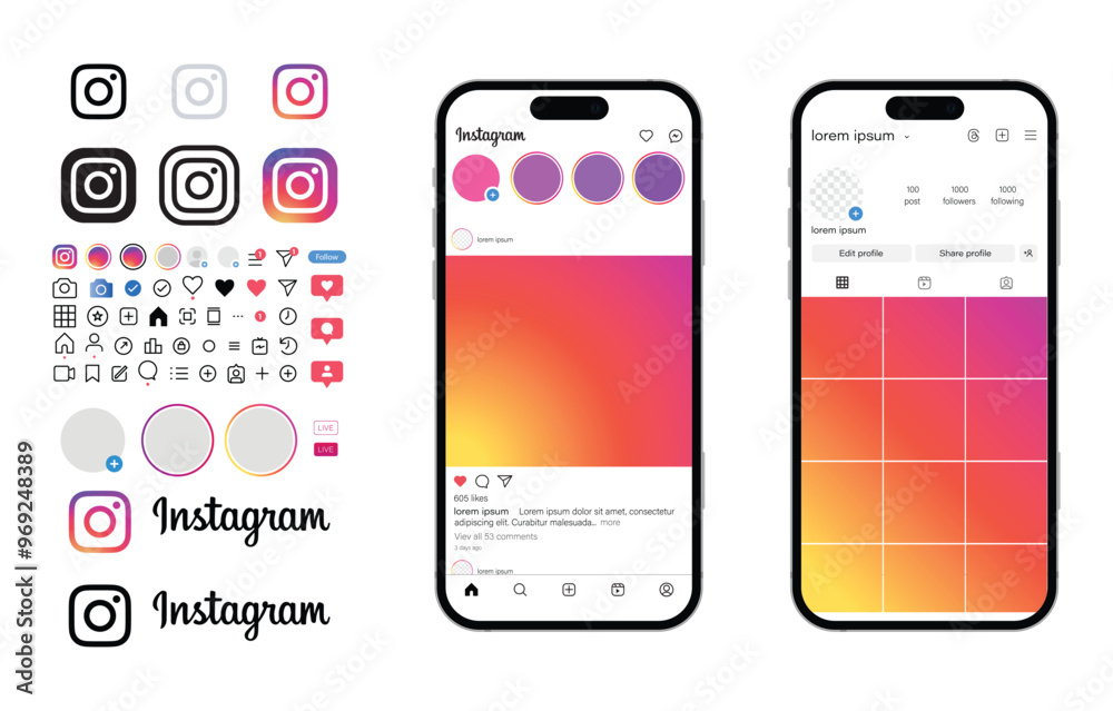 Vetor de Instagram template app screens on phone vector set. Realistic ...