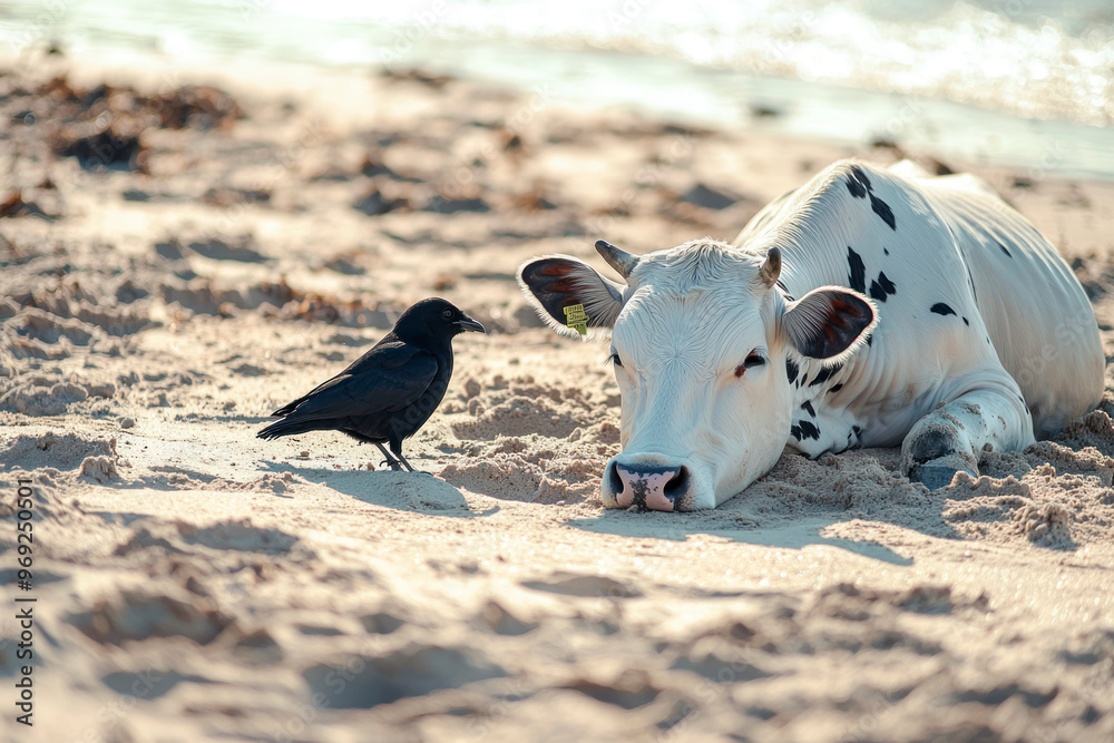 Animals on holidays concept. Cow. Black birds biting the tail of ...