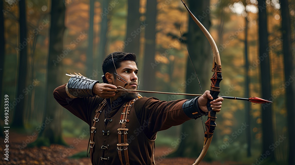 An archer dressed in traditional garb and protective gear stands poised ...