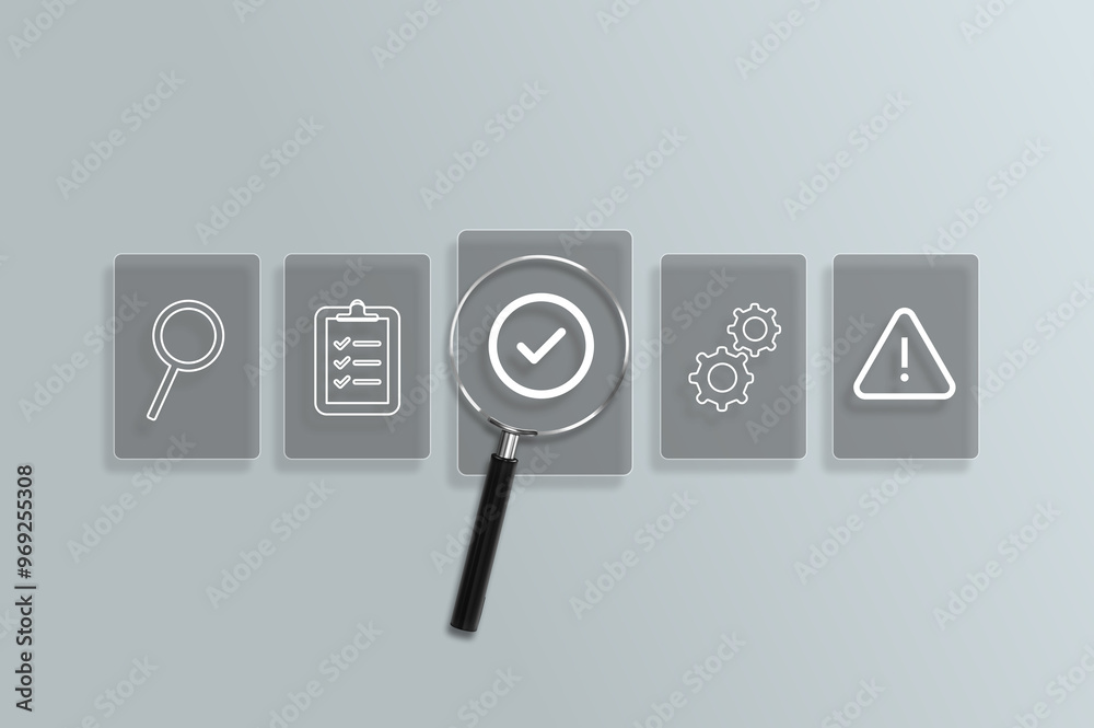 Magnifying glass focuses on Standard quality control certification ...