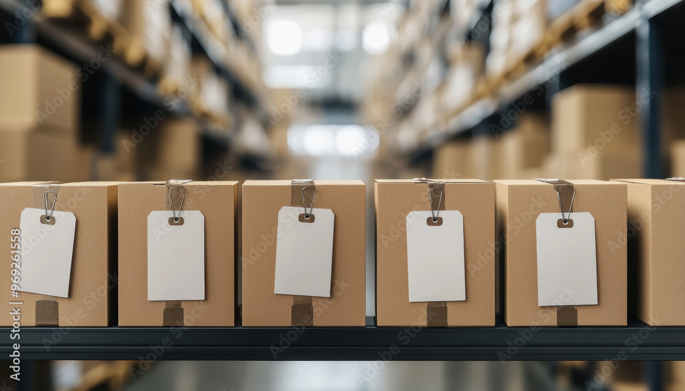 Quality control tags attached to boxes on a warehouse shelf, product ...