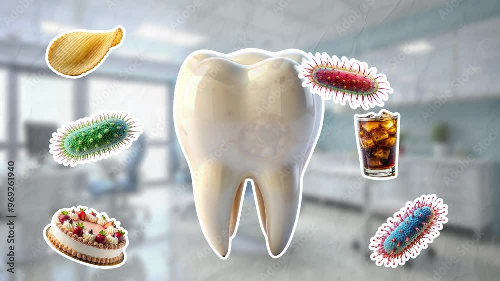 A healthy white human tooth appears, it is attacked by microbes and ...