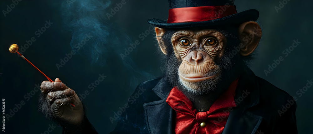 Poster, Foto A whimsical monkey dressed in a tuxedo and top hat ...