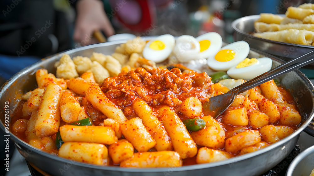Beautifully presented Korean street food featuring crispy tteokbokki ...