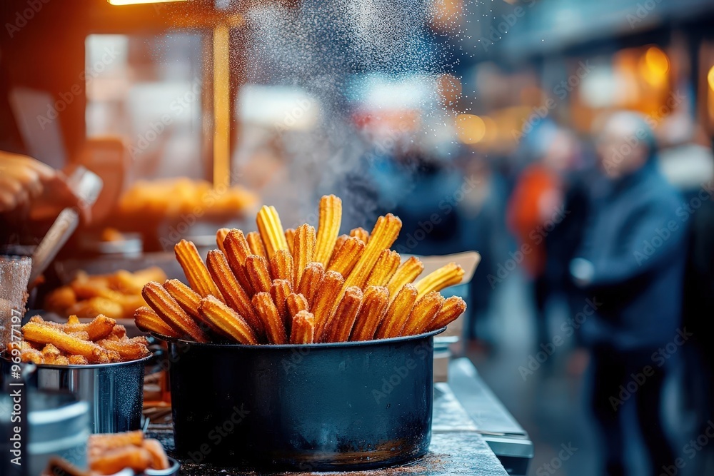 Freshly made churros sit in a pot, ready to delight crowds in a ...