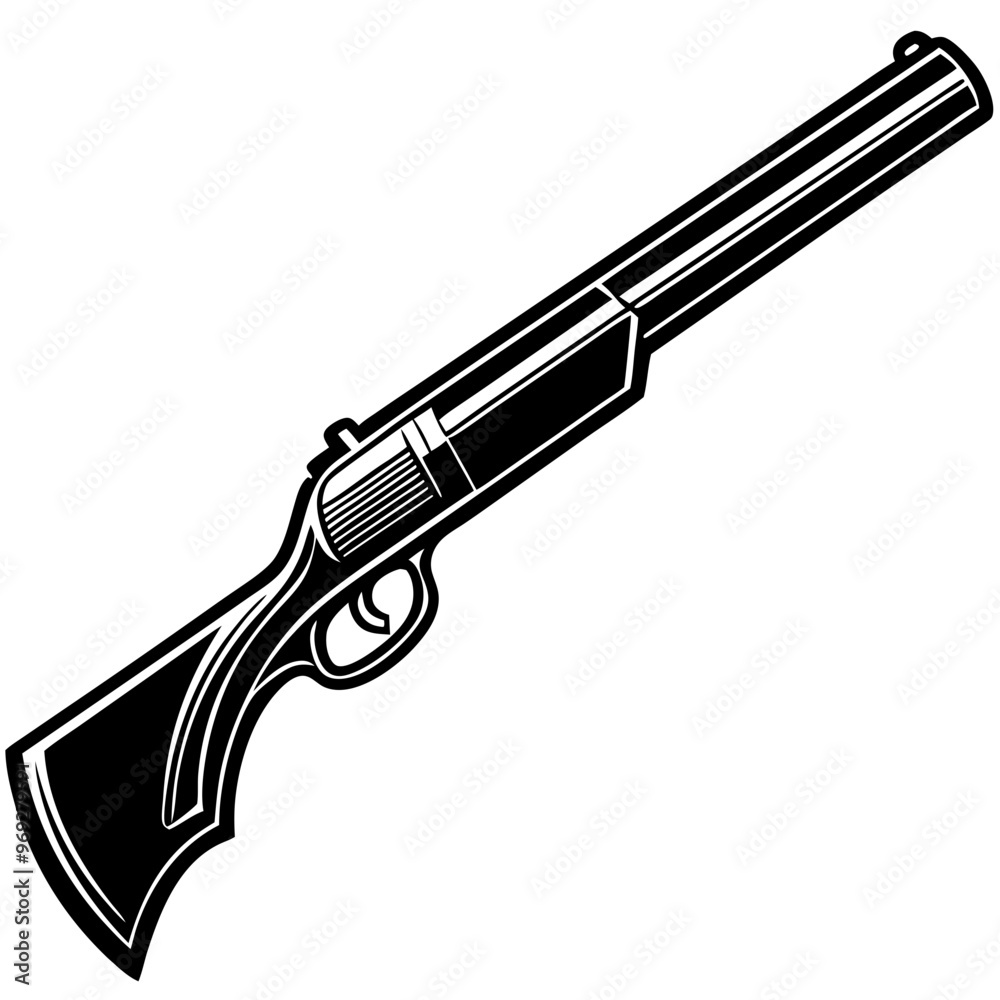 Graphic silhouette shotgun rifle with ammo clip. Graphic black and ...