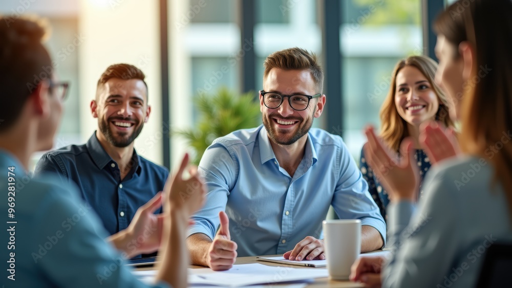 Bright Office Setting Depicting a Man Being Recognized by Coworkers for ...