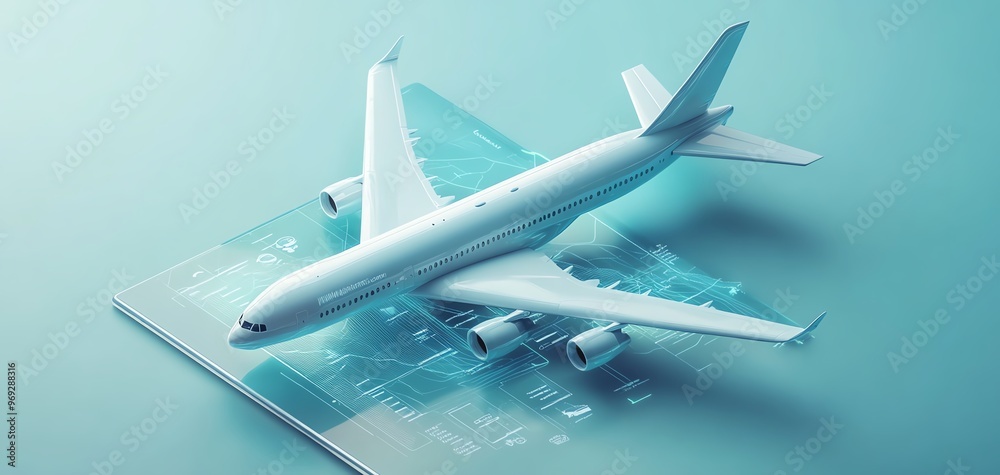 3D airplane showing modern travel interface, booking tickets online ...