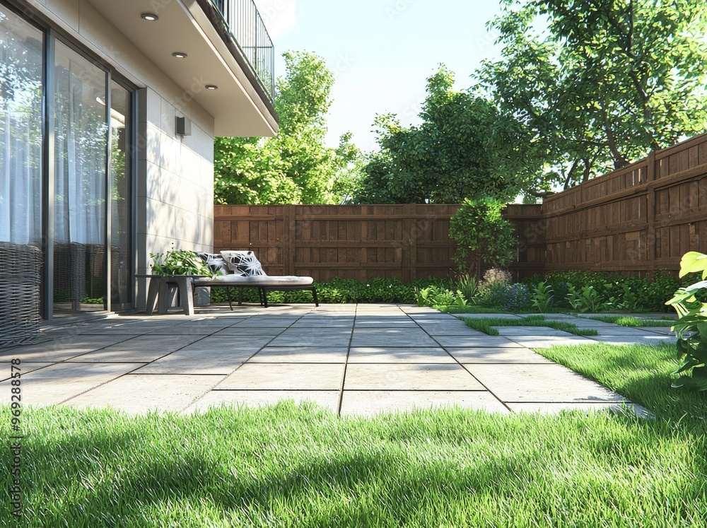 The green lawn of a modern home is rendered in 3D with an empty ...