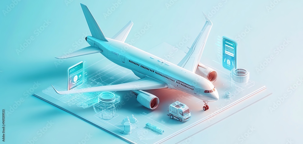 3D scene of airplane with modern travel booking elements, online ticket ...