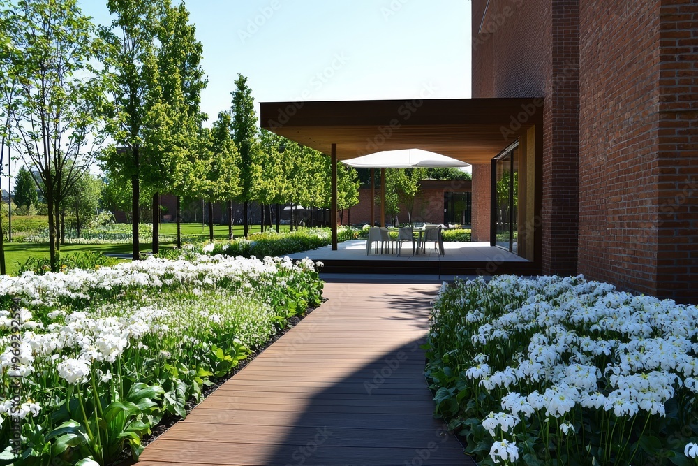 Ground level terrace with hedges and ornamental plants, slatted acacia ...