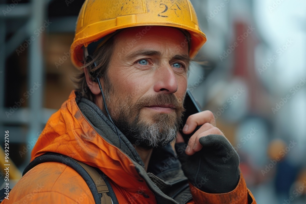 A construction worker, donned in a hard hat and safety gear, makes a ...