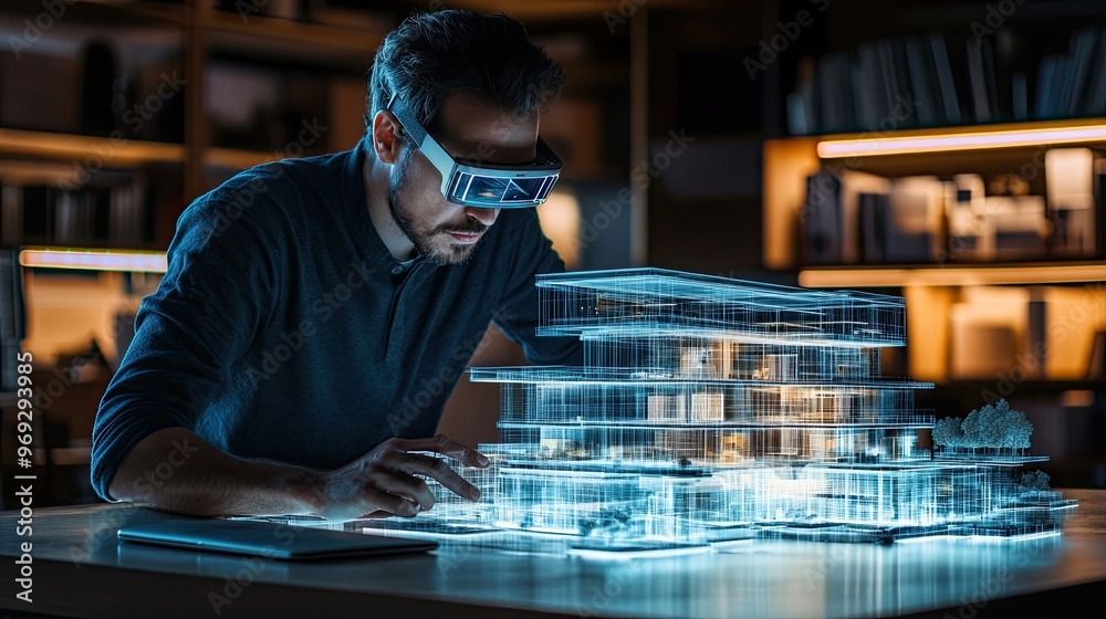 A futuristic scene of an architect presenting a virtual walkthrough of ...