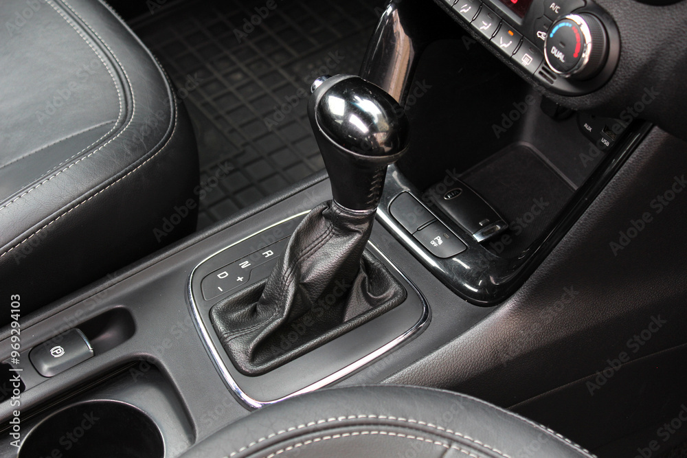 Automatic transmission gearshift stick. Car gearbox shift handle stick in parking position. Gear ...