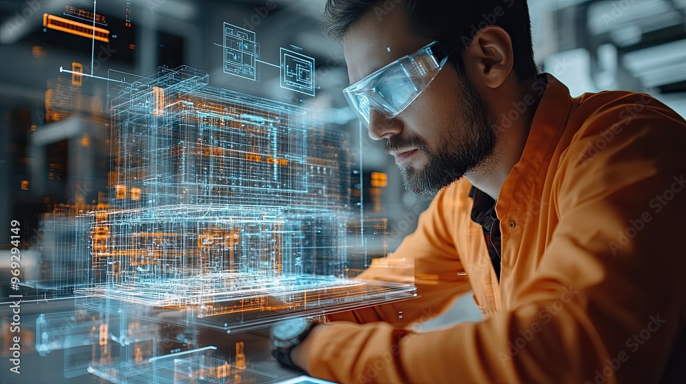 A close-up of an engineer working on a virtual 3D model of a building ...