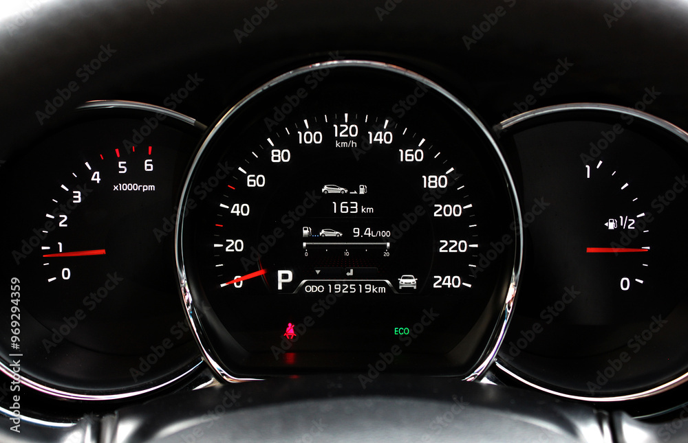 Modern car speedometer. Close up car panel with speedometer indicating ...
