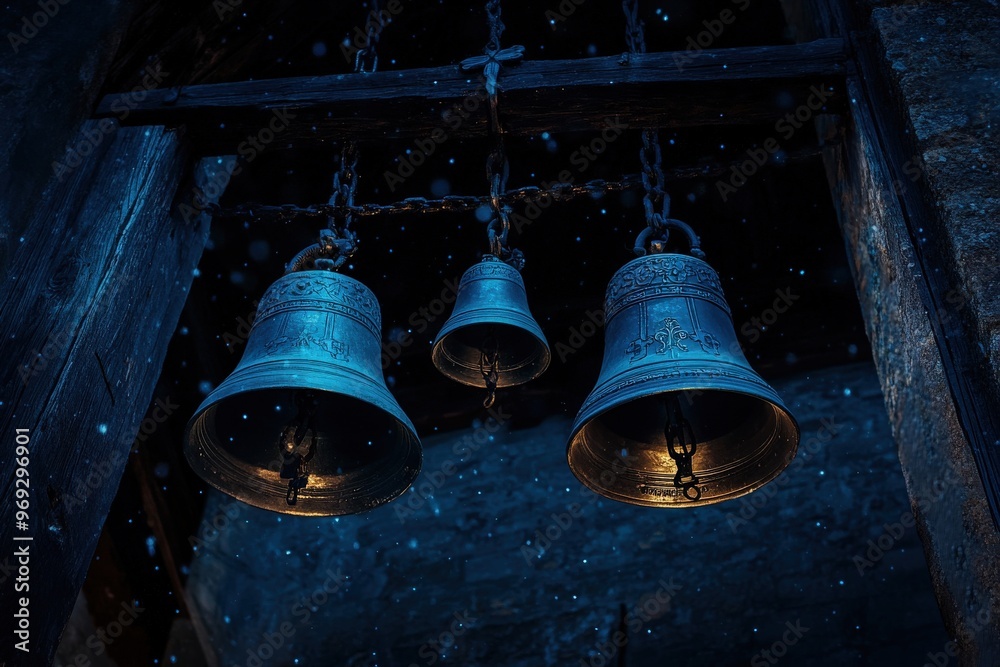 Church bells ringing in the night sky, bells hanging in the church ...