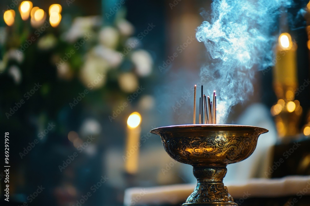 Incense burning at the altar during Midnight Mass, soft trail of ...