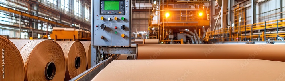 Paper mill machinery with pulp vats, conveyor belts, control panels ...