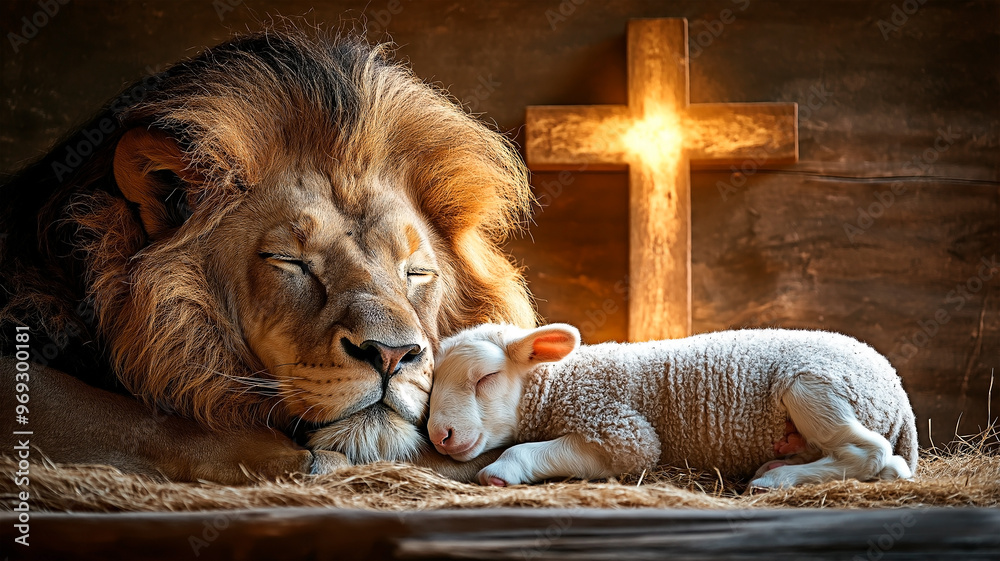 Lion and lamb peace symbol with Christian cross. Spiritual unity ...