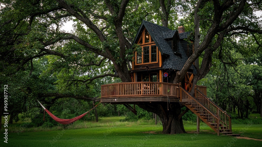 A treehouse built on the trunk of an old oak in a park, rope and wood ...