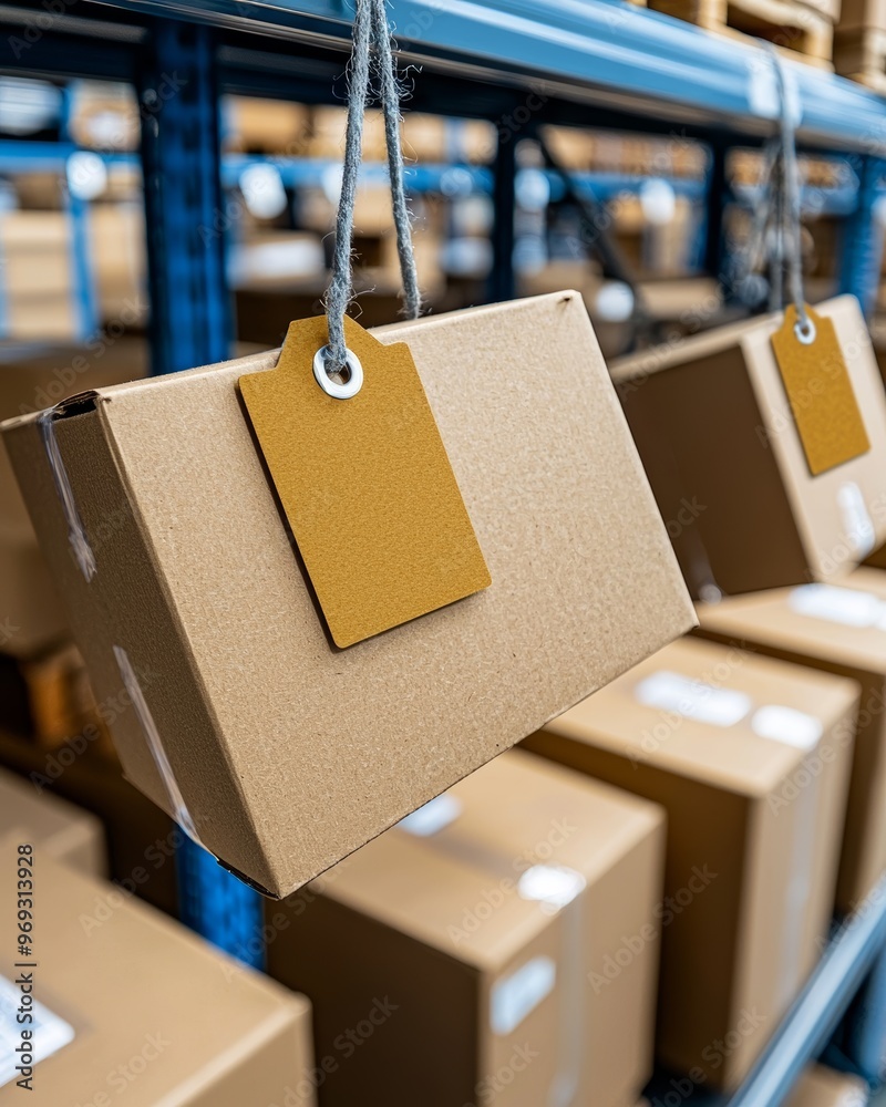 Quality control tags attached to boxes on a warehouse shelf, product ...