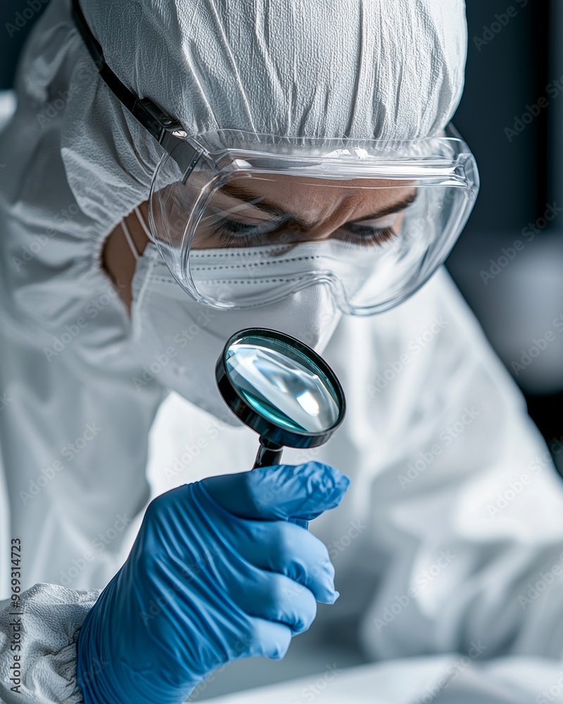 Worker reviewing product defects with a magnifying glass on a lab bench ...