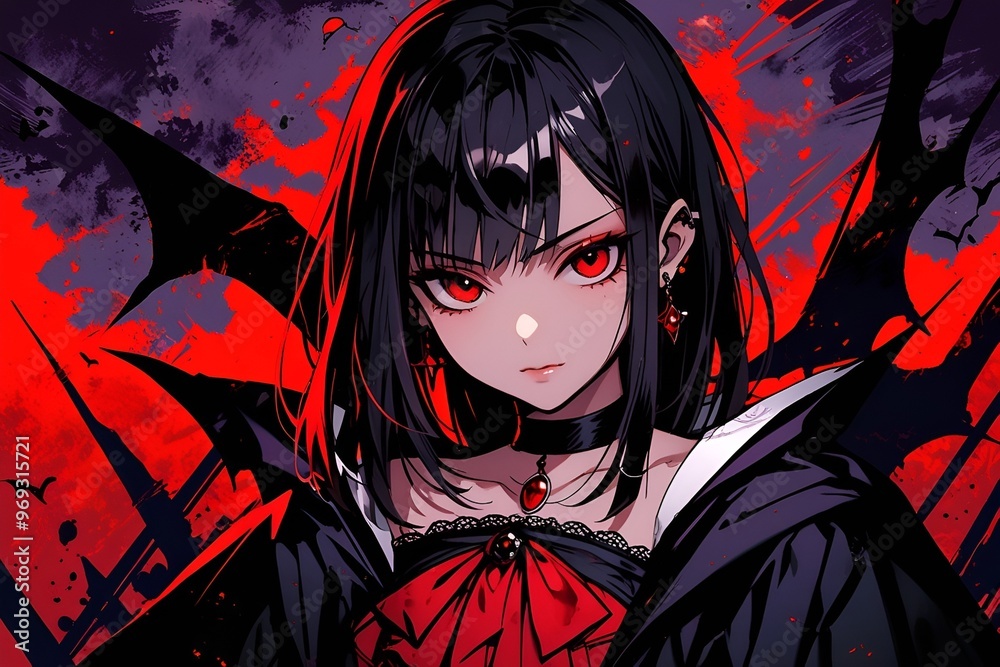 Anime goth vampire girl. Bat, Halloween. Dark dynamic background ...