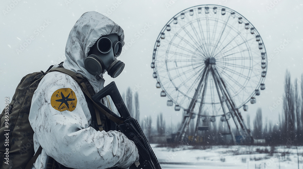 man wearing gas mask and protective suit for radioactive radiation and ...