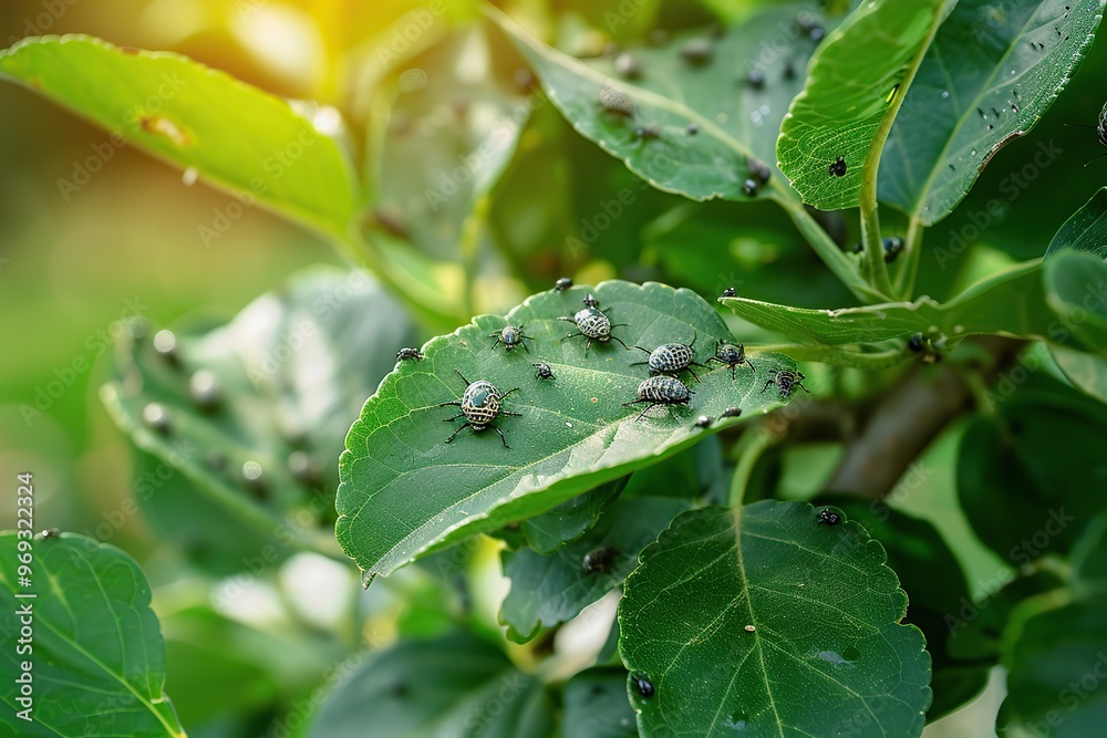 Ants and Aphids. Insect pests. Little black aphid Colony on a green ...